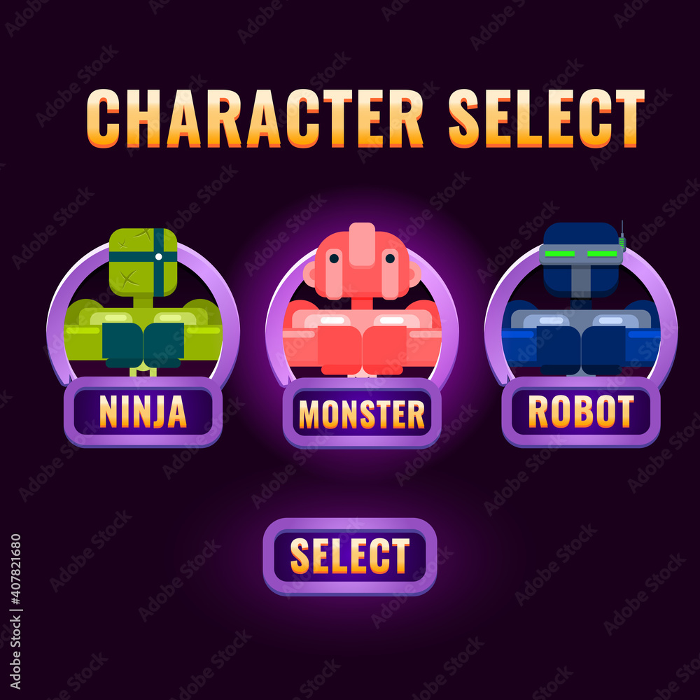 rounded purple Game ui character selection pop up for 2d gui interface ...