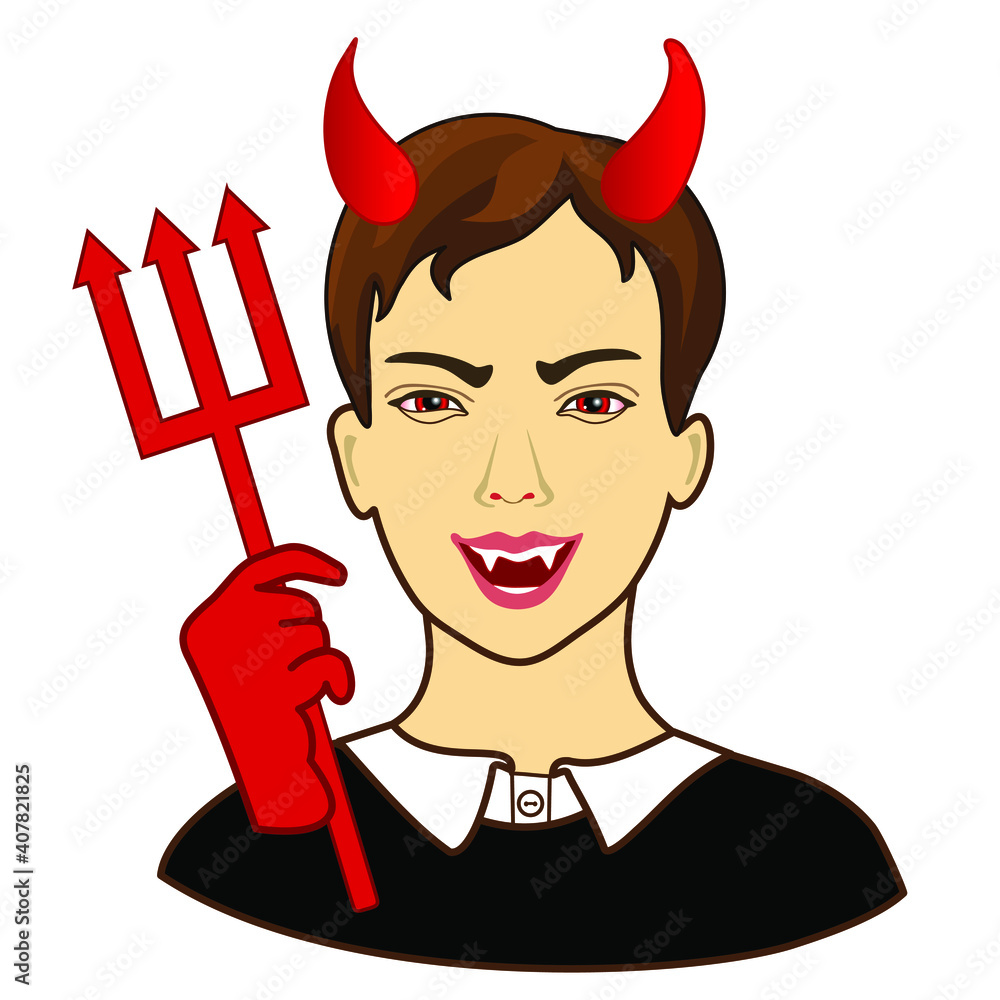 emoji with evil devil men with horns, cuspids grinning, holding a ...