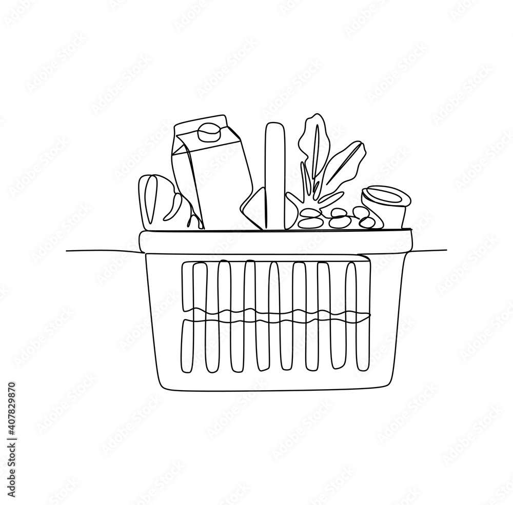 Shopping basket full of fresh groceries. Continuous one line drawing ...
