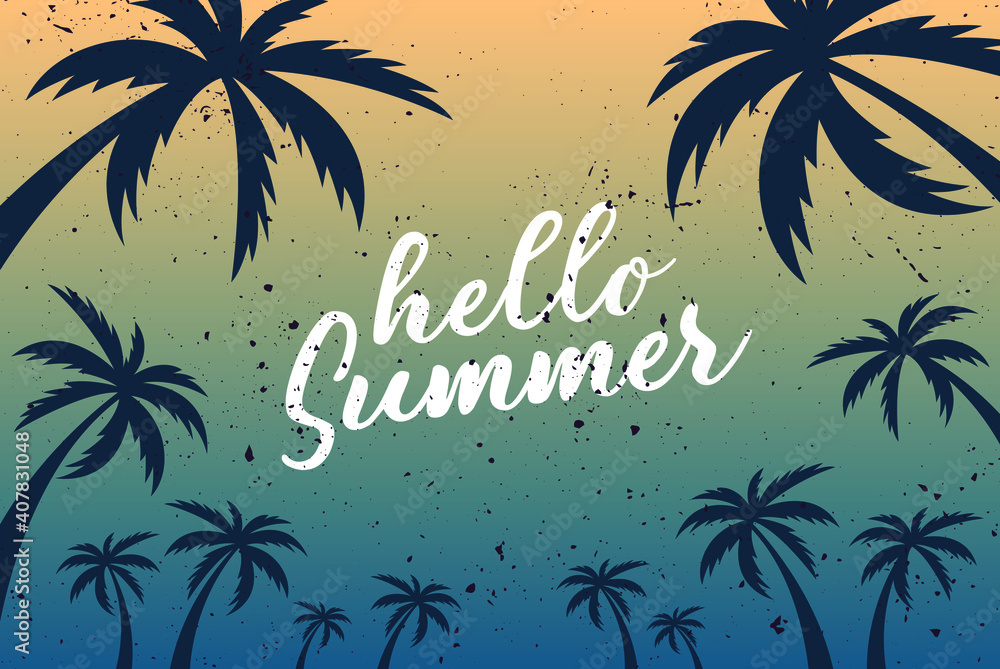 Hello Summer background with palms and night sky. Vector background ...