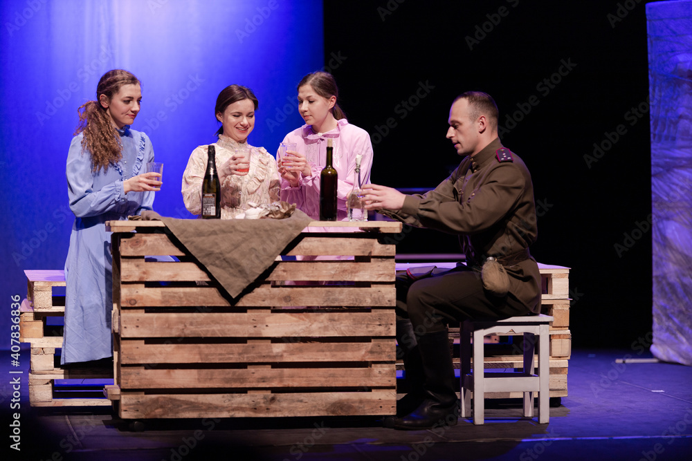 Actors in military uniforms of the Soviet army of World War II play a ...