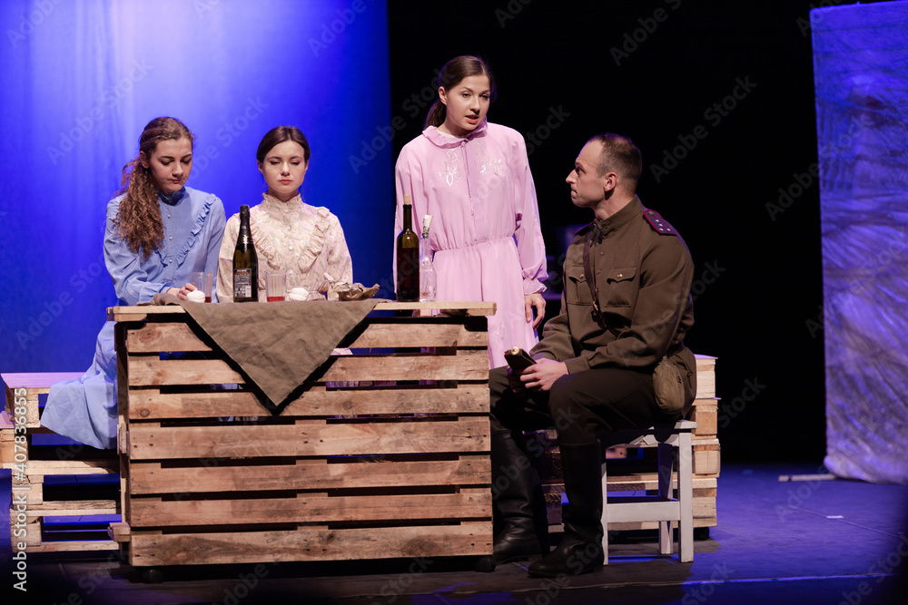 Actors in military uniforms of the Soviet army of World War II play a ...