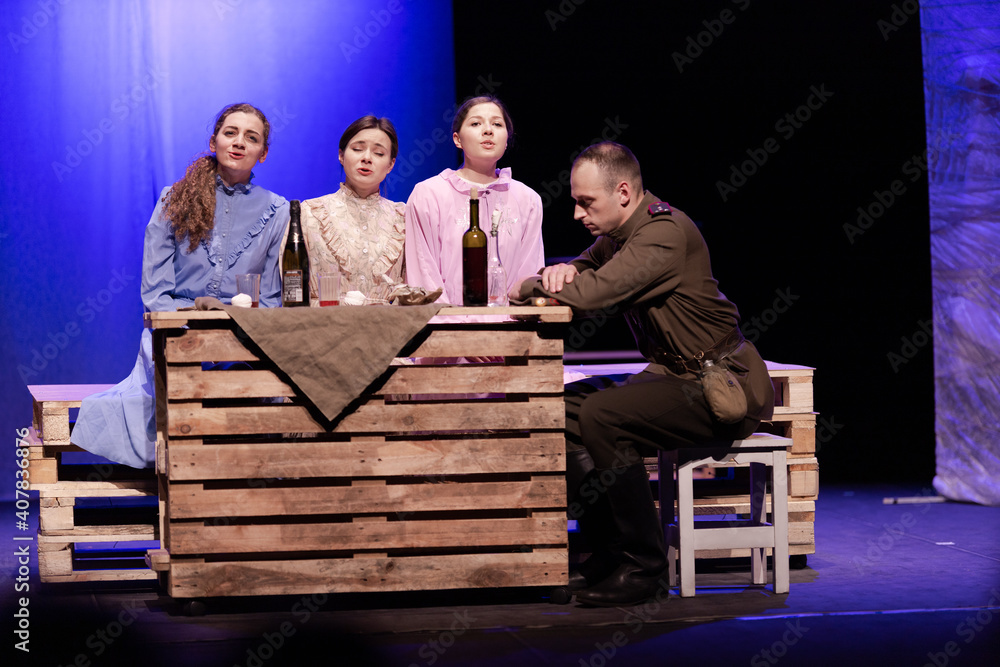 Actors in military uniforms of the Soviet army of World War II play a ...