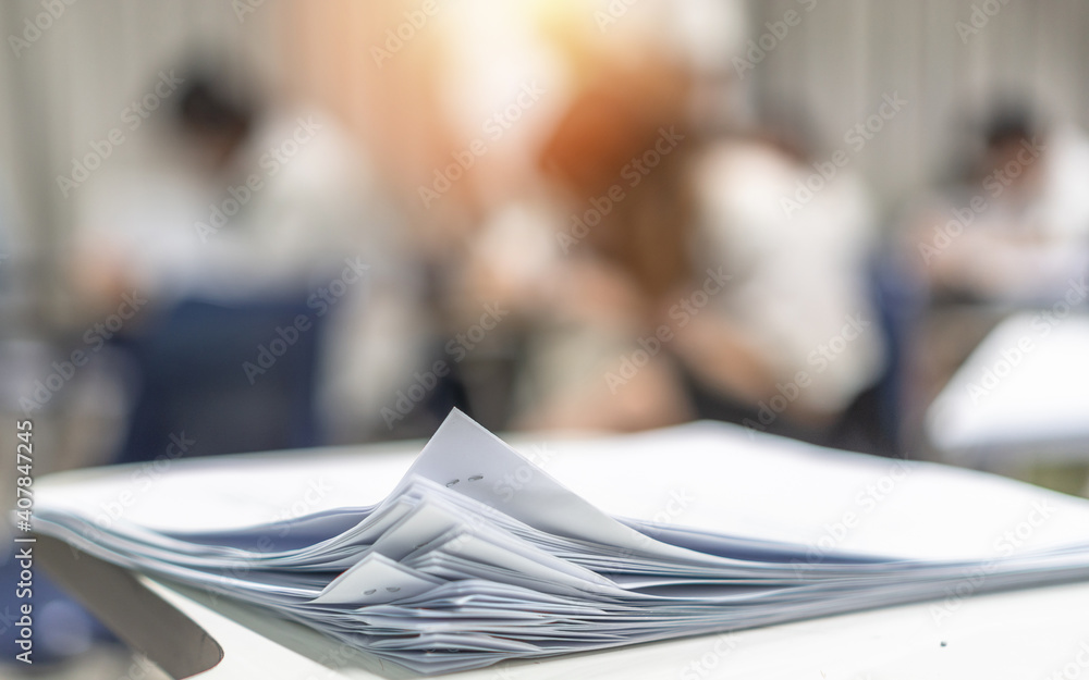 Exam answer sheet pile, blurry application document paperwork stack on ...