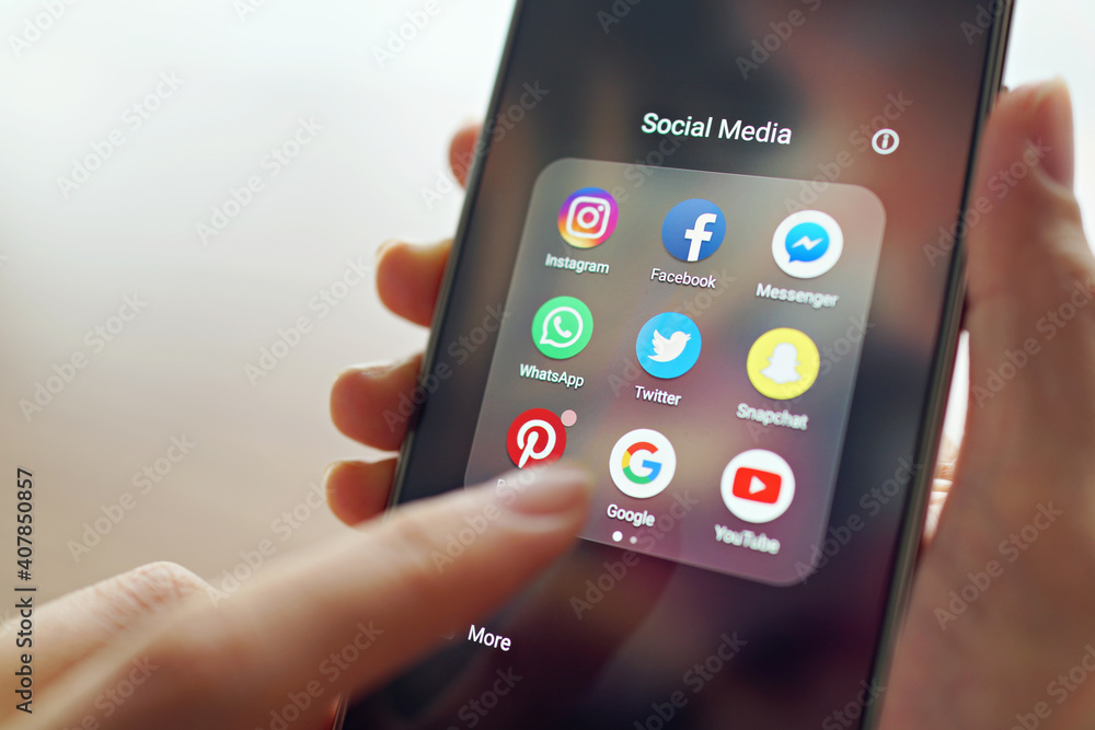 Android phone with various social media icons application. Penang ...