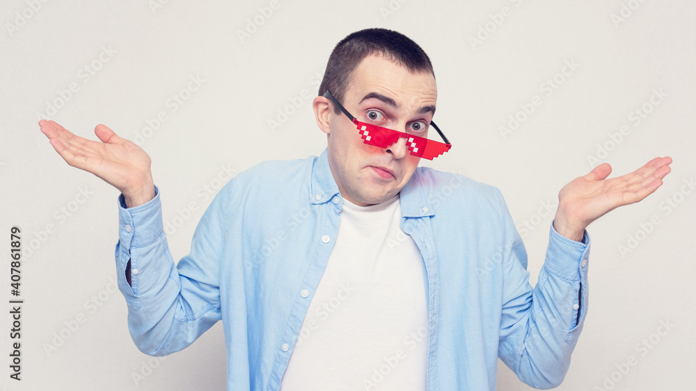 Confused man with pixel glasses, guy is confused, portrait, white ...