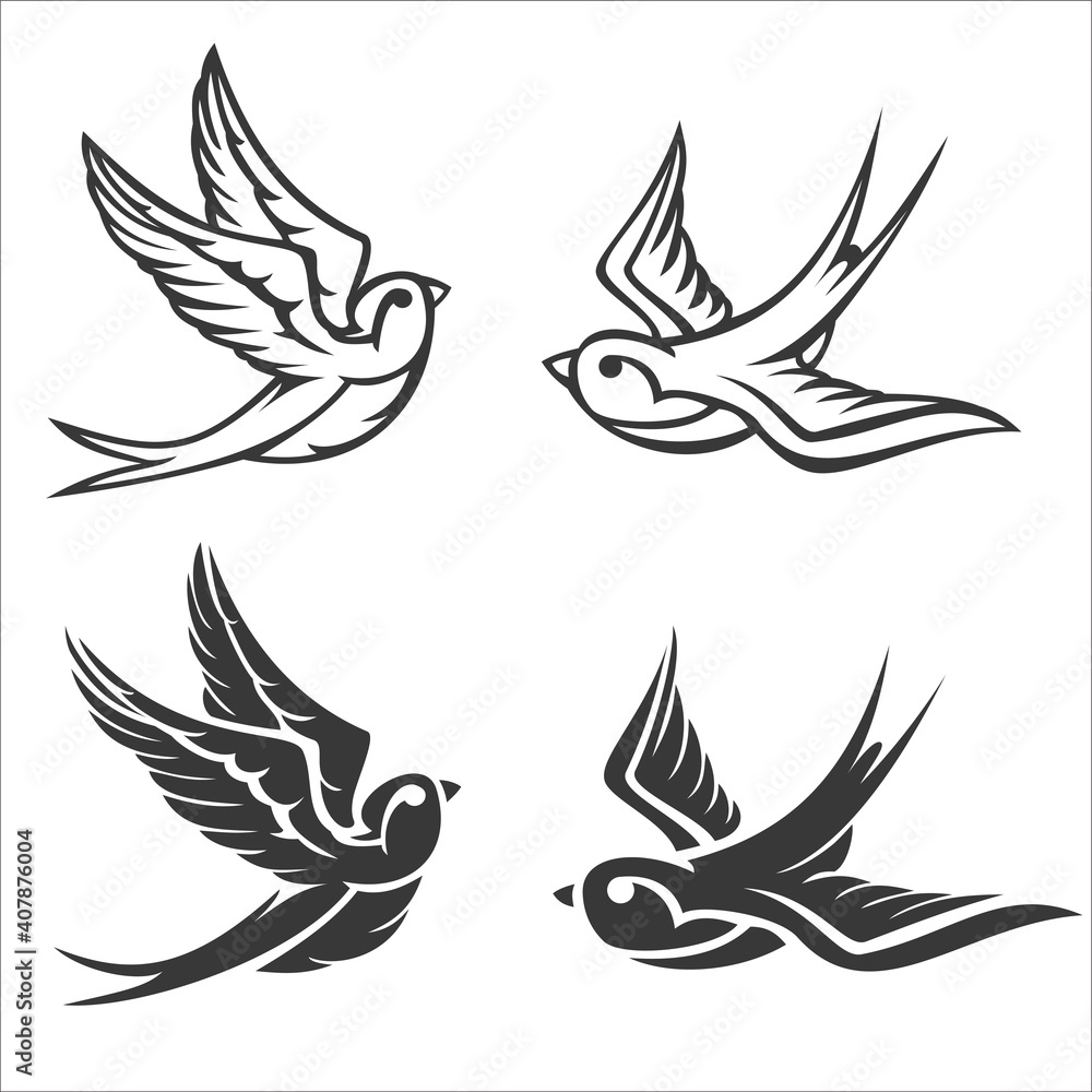 Cartoon flying monochrome swallow isolated on white background. Design ...