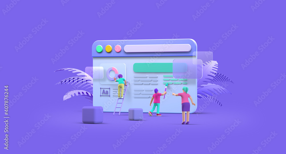 Web Browser UI UX Design Teamwork concept 3D illustration. Team People ...