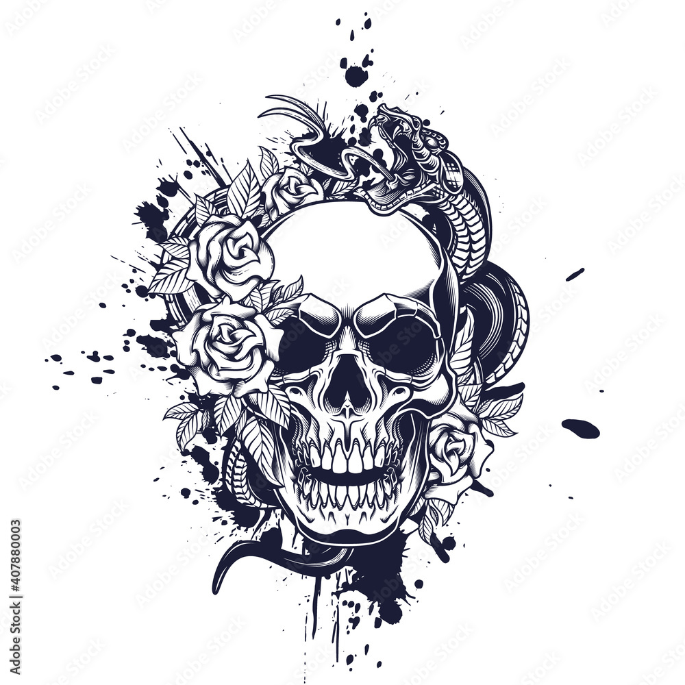 Skull poster design. Vector illustration of human skull with roses ...