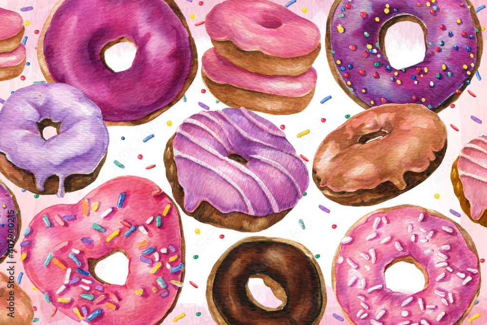 Watercolor pink donut background, Hand painted Doughnuts, Watercolor ...