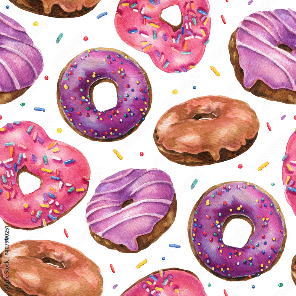 Watercolor donuts seamless pattern.Pink and violet donuts background ...