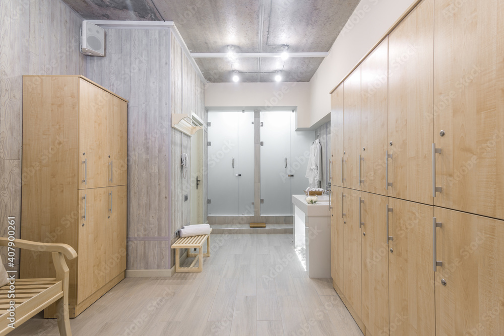 Modern shower room interior with wardrobes Stock Photo | Adobe Stock