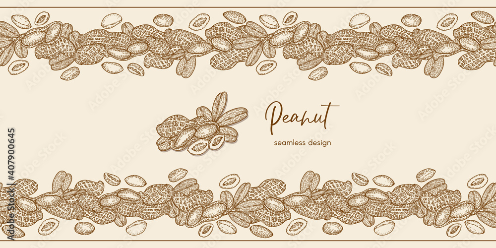 Border frame with Peanut, nuts and leaves. Graphic hand drawn engraving ...