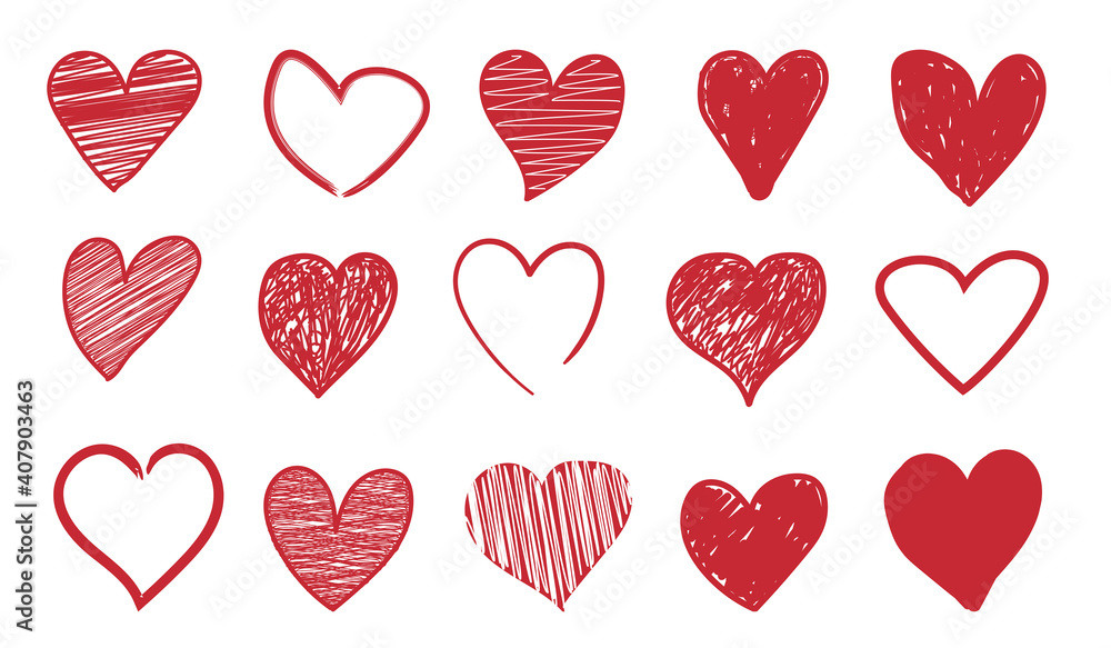 Heart doodle icons. Romantic red symbols for Valentine invitation and ...