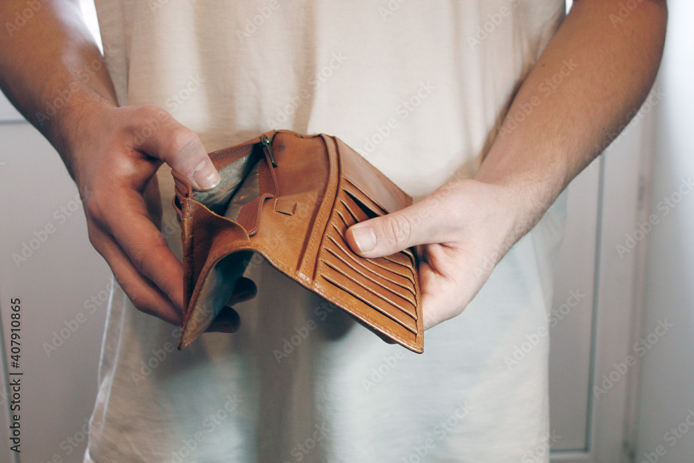Man hand open empty wallet. Broke businessman. Poor man opens his empty ...