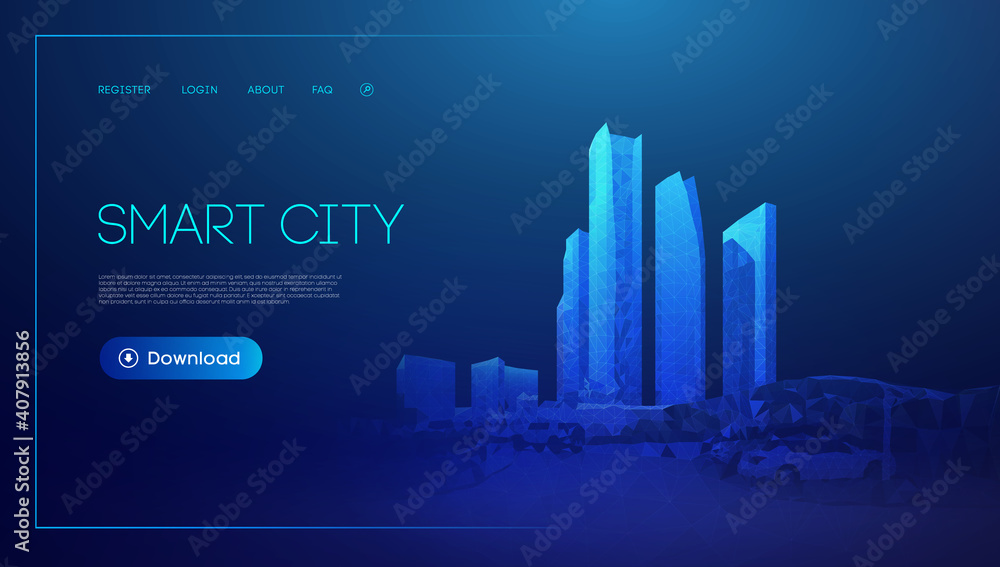 Smart city abstract illustration blue background in low poly style ...