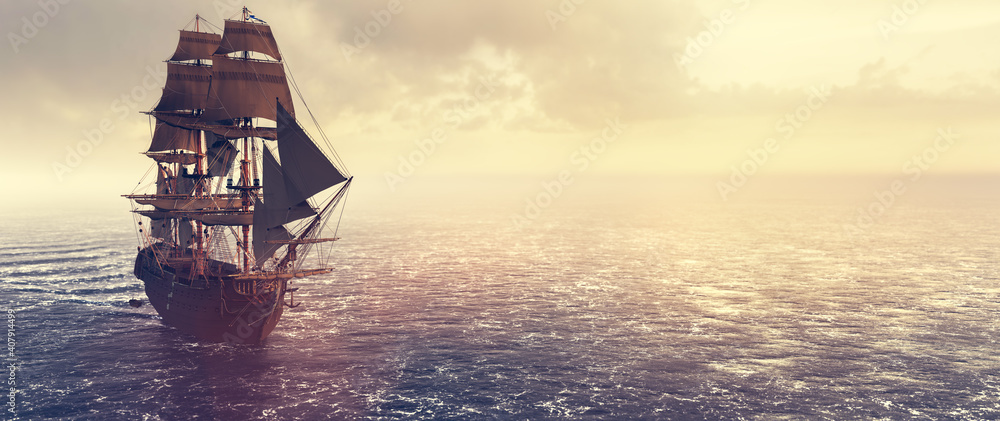 Pirate ship sailing on the ocean at sunset Stock Photo | Adobe Stock