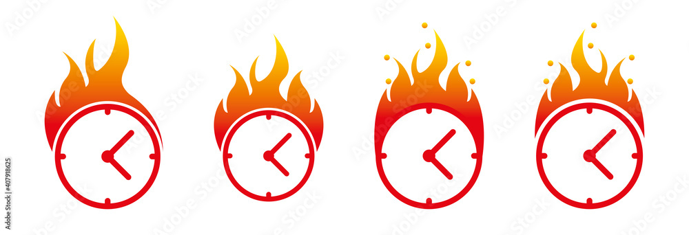 Flames are coming out of the clock icon. Red dial Clock is set with a ...