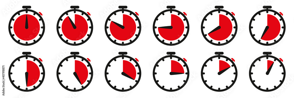 Red dial Clock set with stopwatch to stop time. Time zones set ...