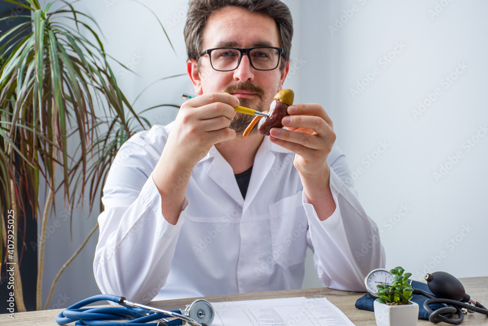 Doctor at workplace in office during appointment looks into camera ...