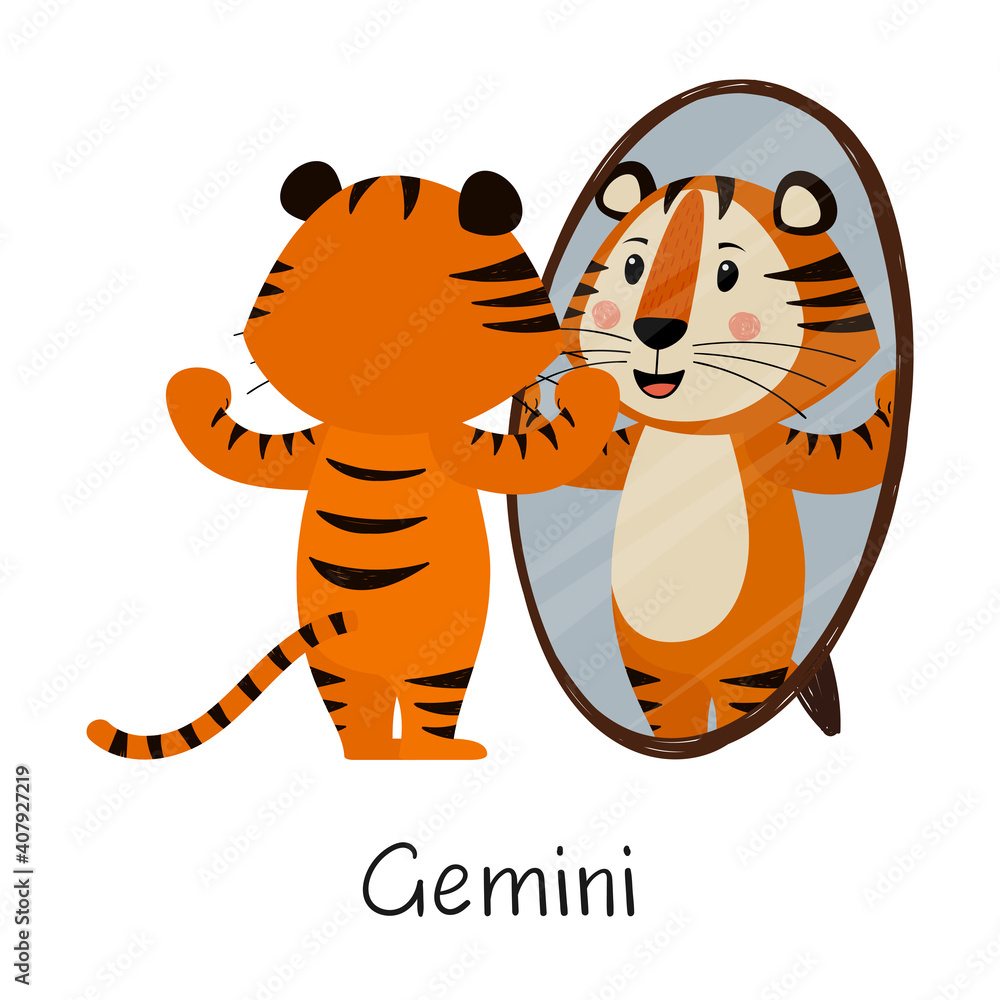 Zodiac sign Gemini. Cute tiger posing in front of the mirror. Concept ...