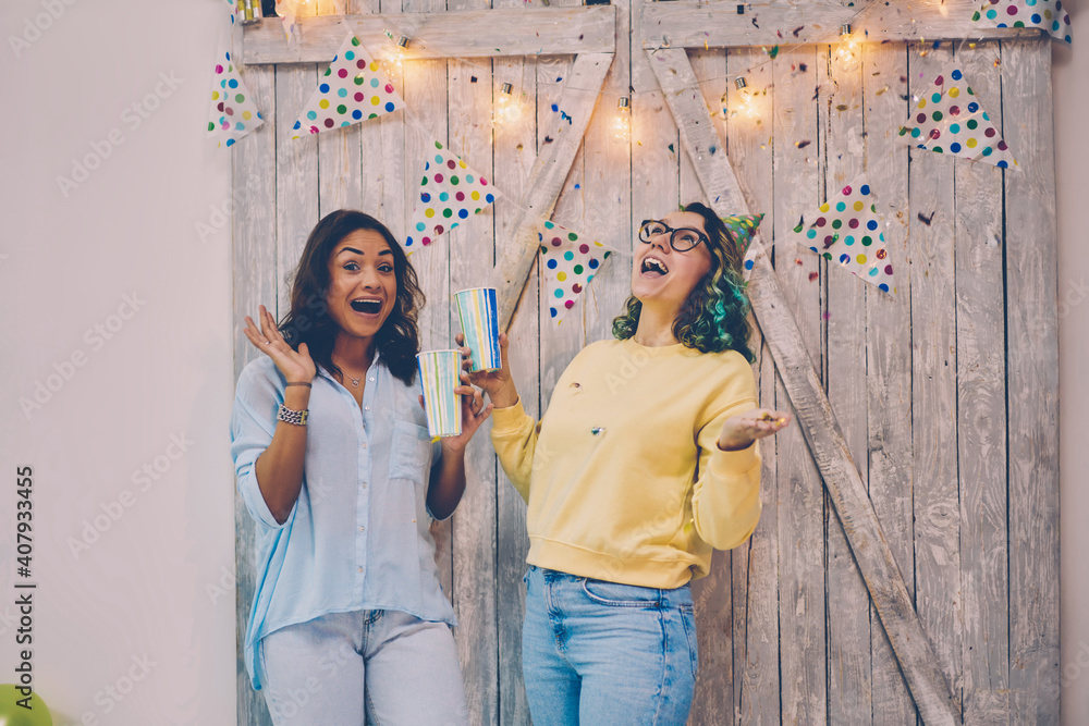 Emotionale female best friends excited with great birthday party ...