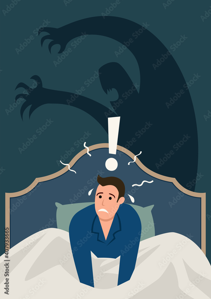Vetor de Man wake up in the middle of the night stressed and scared ...