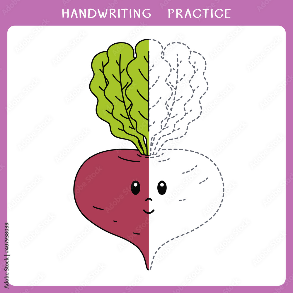 Handwriting practice sheet. Simple educational game for kids. Cute beet ...