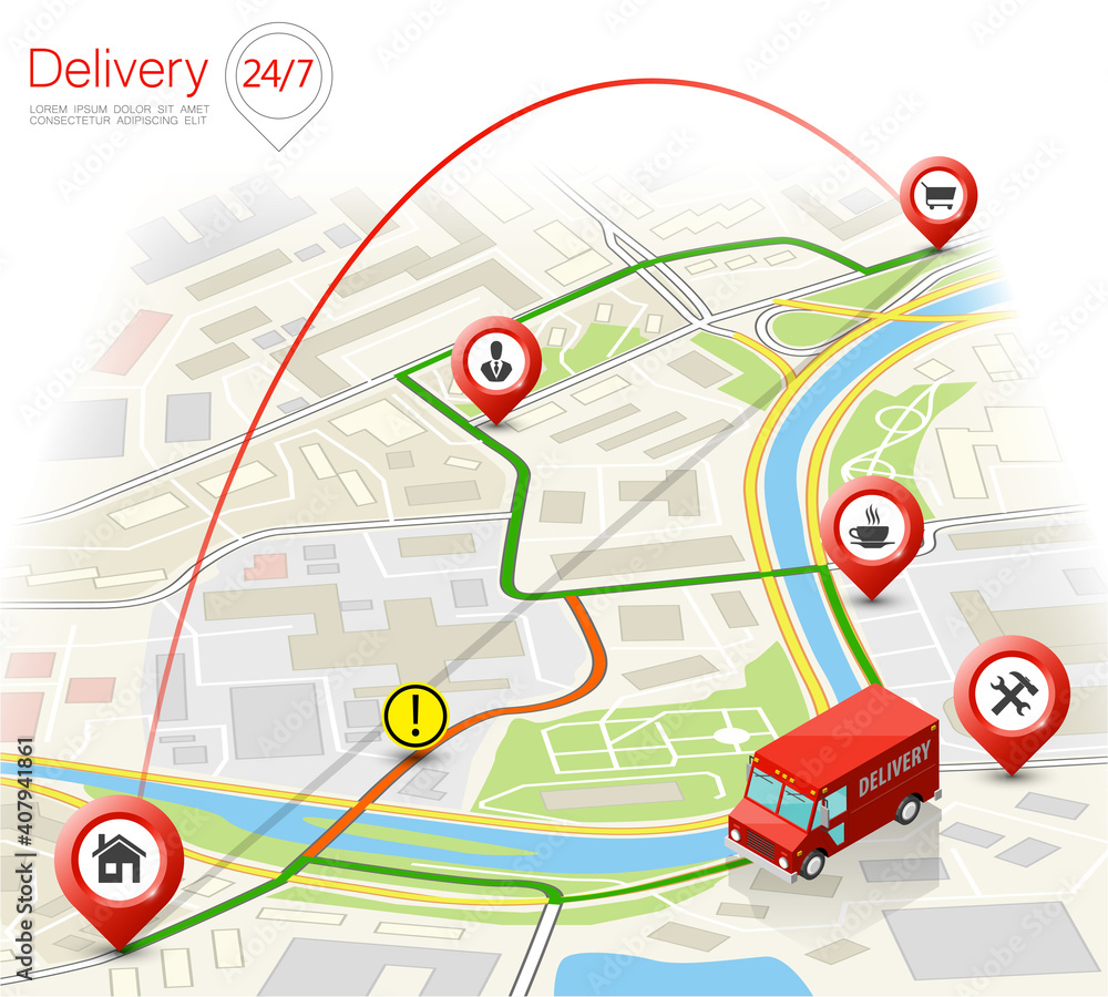 Delivery navigation route, City map point marker isometric delivery van ...