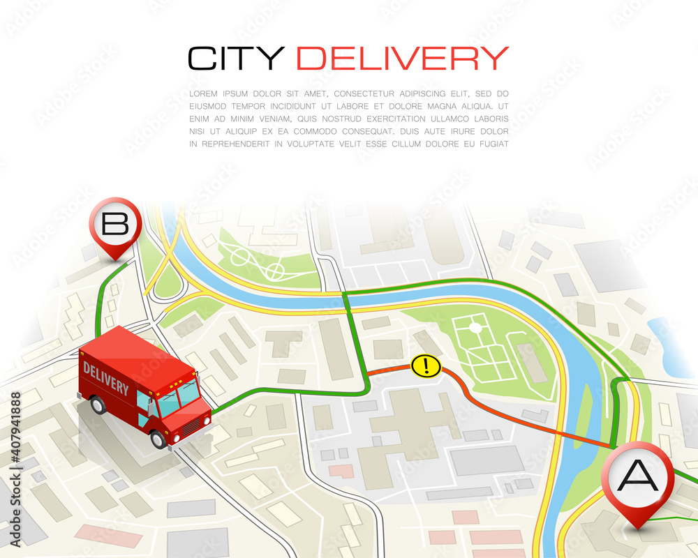 Delivery navigation route, City map point marker isometric delivery van ...