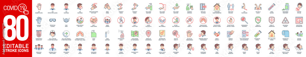 Prevention and symptoms Coronavirus Covid color line icons set isolated ...