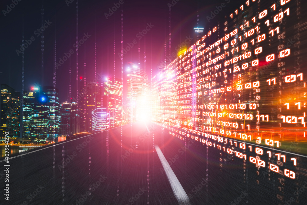Digital data flow on road with motion blur to create vision of fast ...