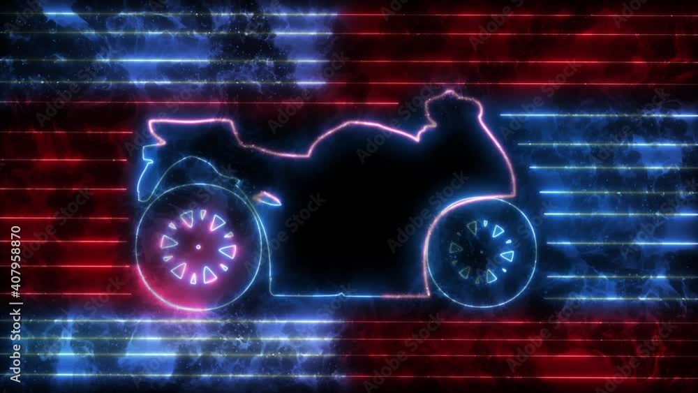Neon motorcycle on road animation. Led, colorful light of outline bike ...
