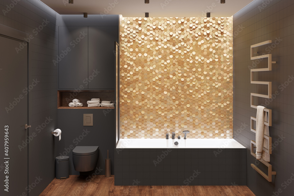 Dark bathroom with black walls, wooden floor, illuminated ceiling, door ...