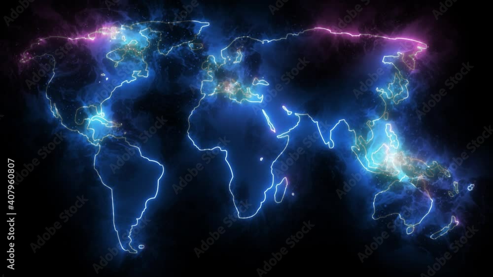 Outline of world map with fire. Burning line art, creative neon map of ...