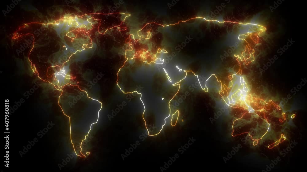 Outline of world map with fire. Burning line art, creative neon map of ...
