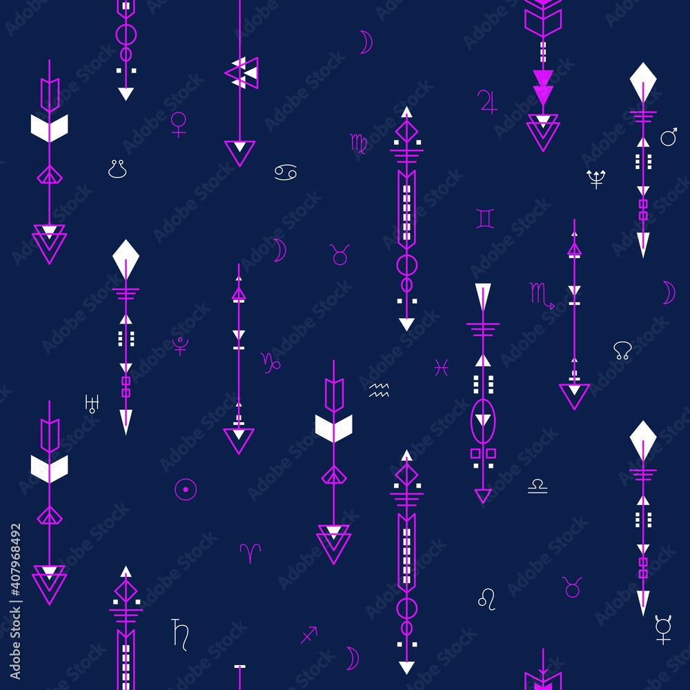 Seamless pattern with various arrows, planetary and zodiac signs in ...