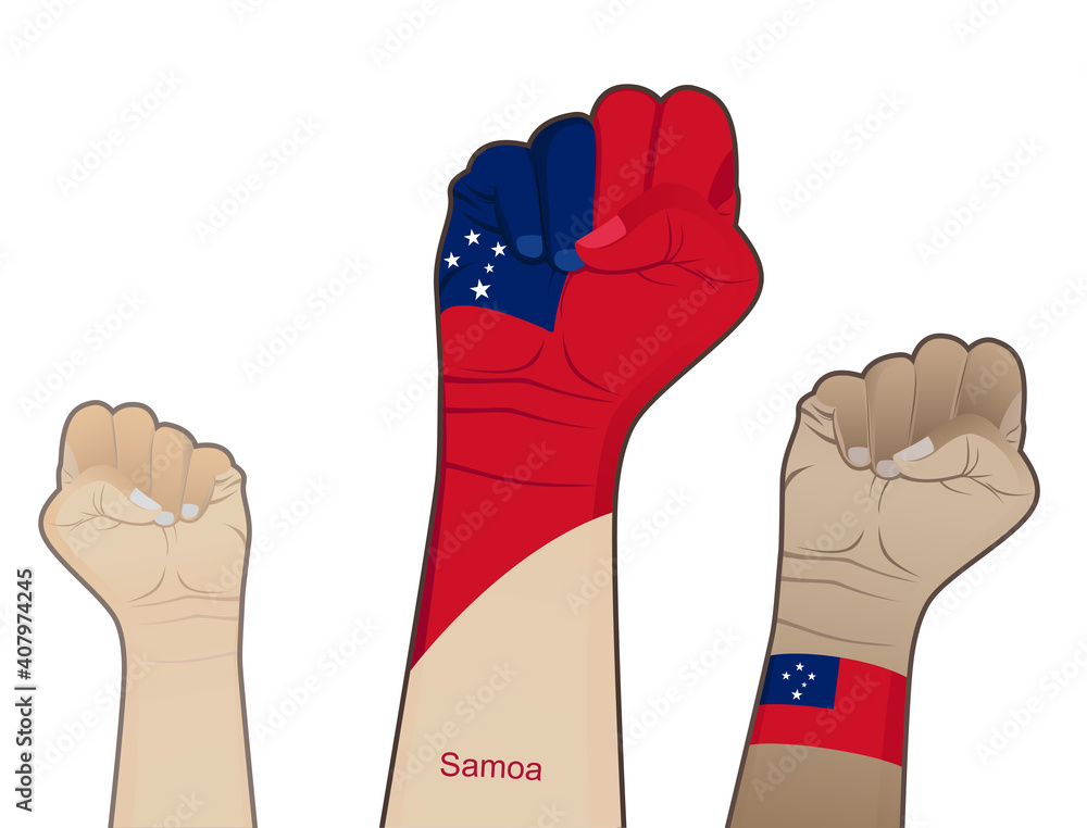 The spirit of struggle by lifting a hand bearing the Samoan flag Stock ...