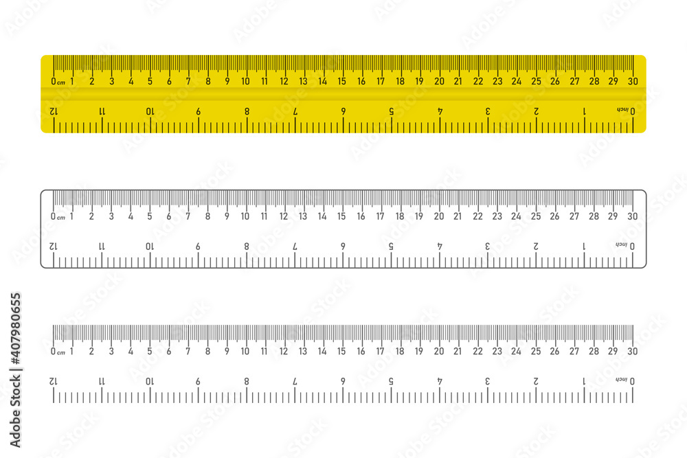 Realistic ruler icon, measuring instrument. 30 cm 12 inch ruler set ...