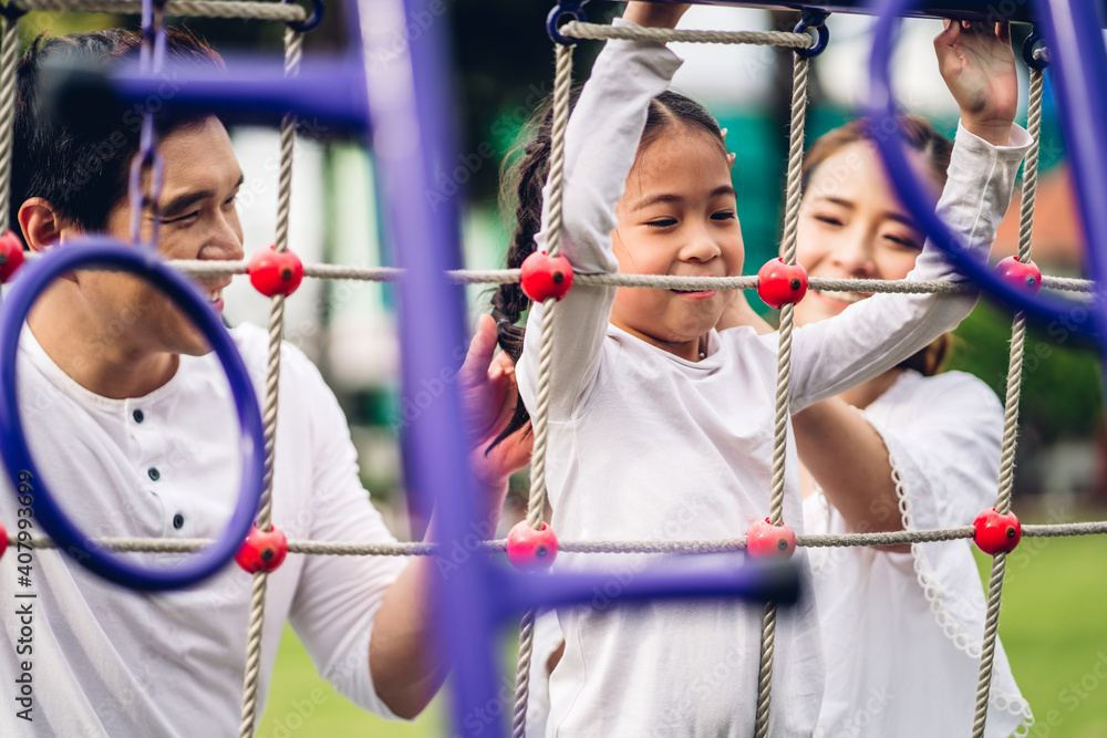 Portrait of enjoy happy love asian family father and mother with little ...