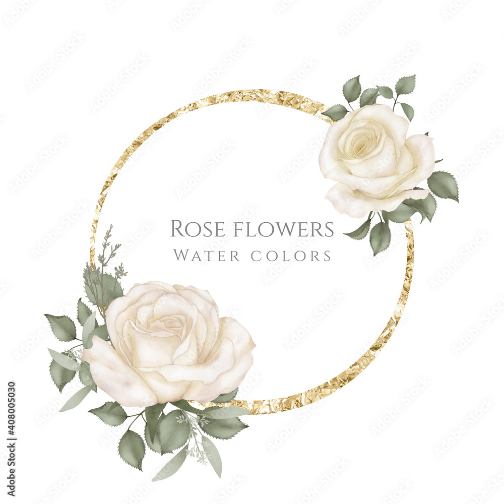 Vintage white roses bouquet with gold texture circle frame Stock ...