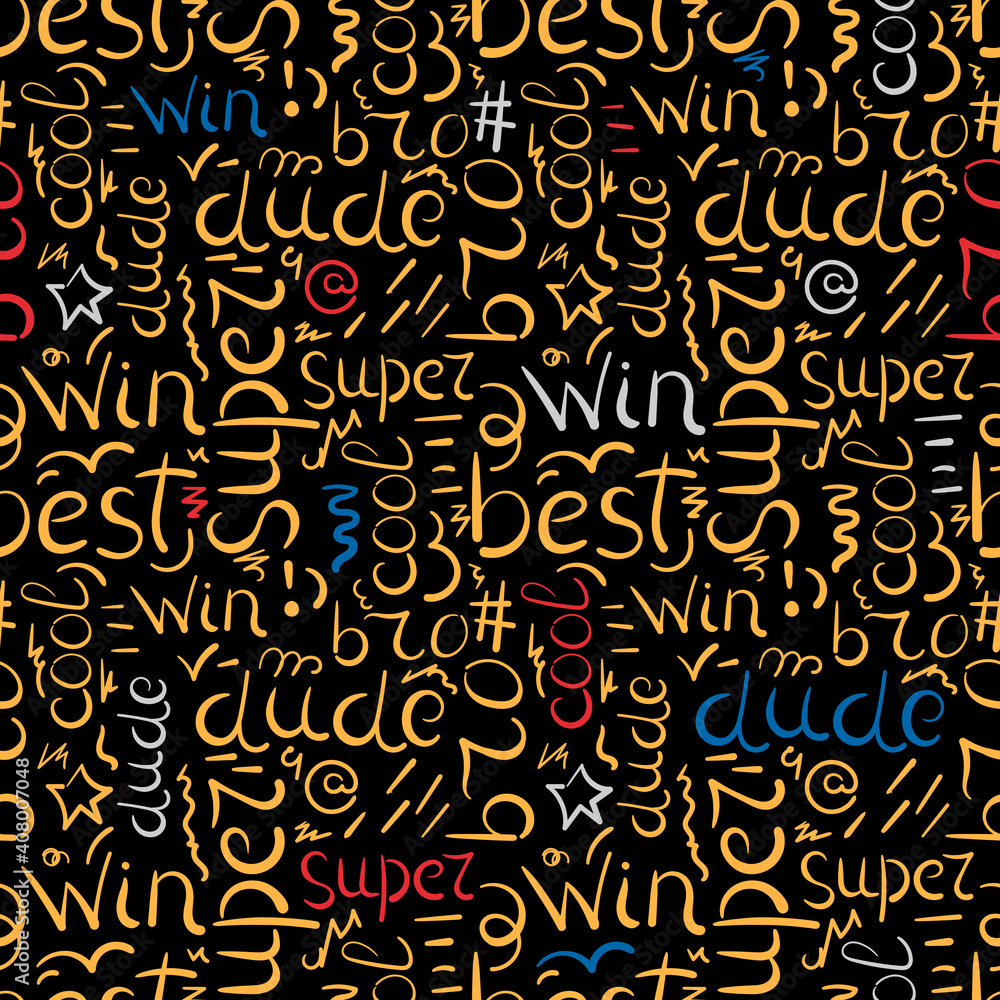 Hand-drawn words in a seamless pattern. Vector background with letters ...