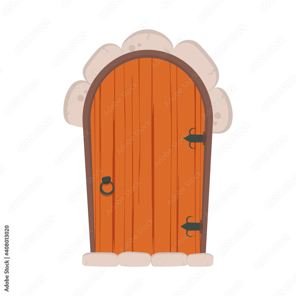 Antique wooden door. Stone cladding. Wood texture. Cartoon style ...