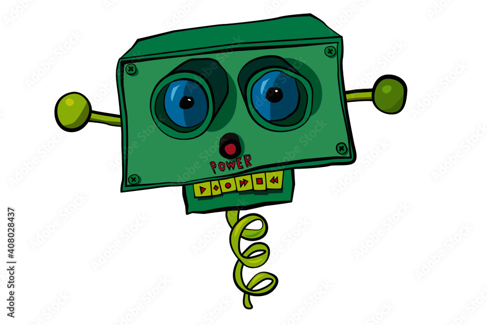 Cute happy robot head with big glasses and playback buttons instead of ...