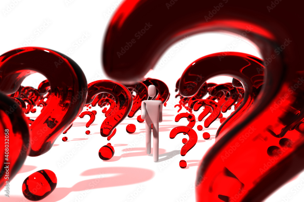 3D character, all white, in human form walking through a multitude of ...