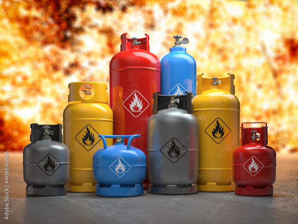 Gas tanks or bottles on explosive flame and fire background. Danger of ...