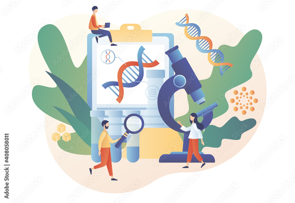 Vetor de Tiny people study dna use microscope. Biotechnology concept ...
