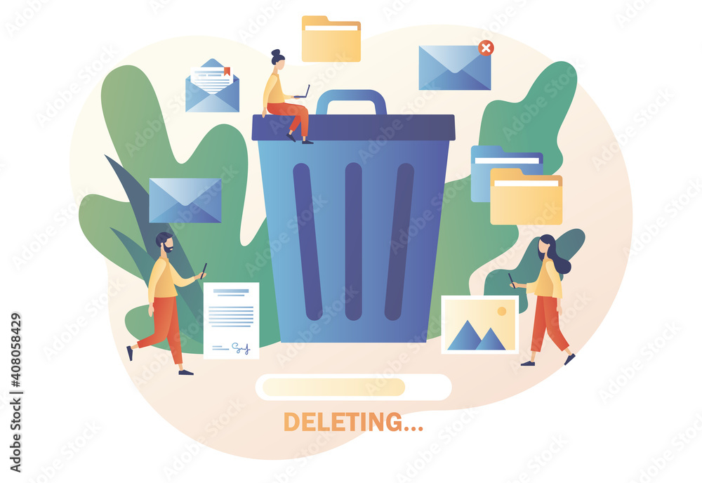 Delete concept. Cleaning digital memory. Tiny people deleting data and ...