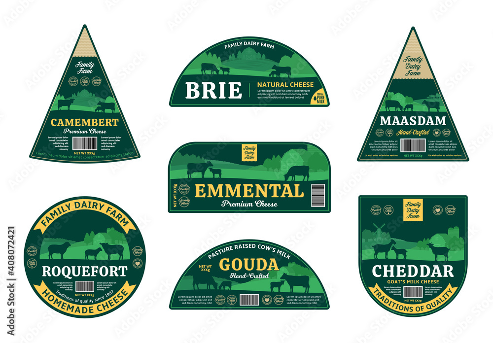 Vector cheese labels and packaging design elements. Dairy farming ...