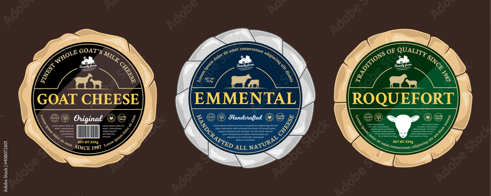 Vector cheese round labels and cheese wheels wrapped in paper. Cow ...